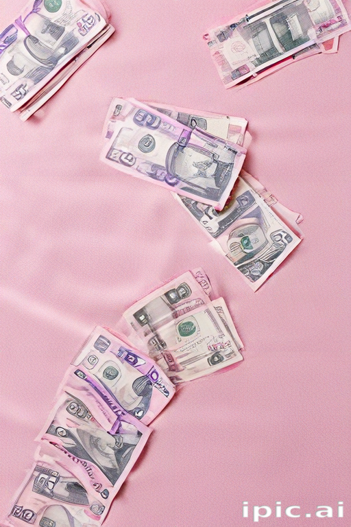 Scattered Bundles of Colorful Cash on a Soft Pink Background