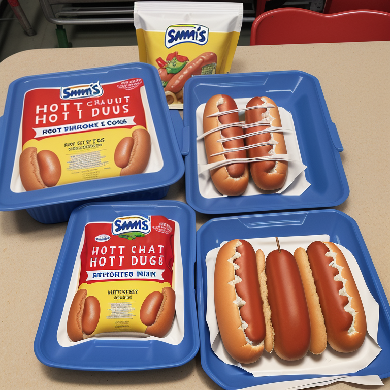 Delicious Hot Dogs on Display in Colorful Packaging at a Food Stand.