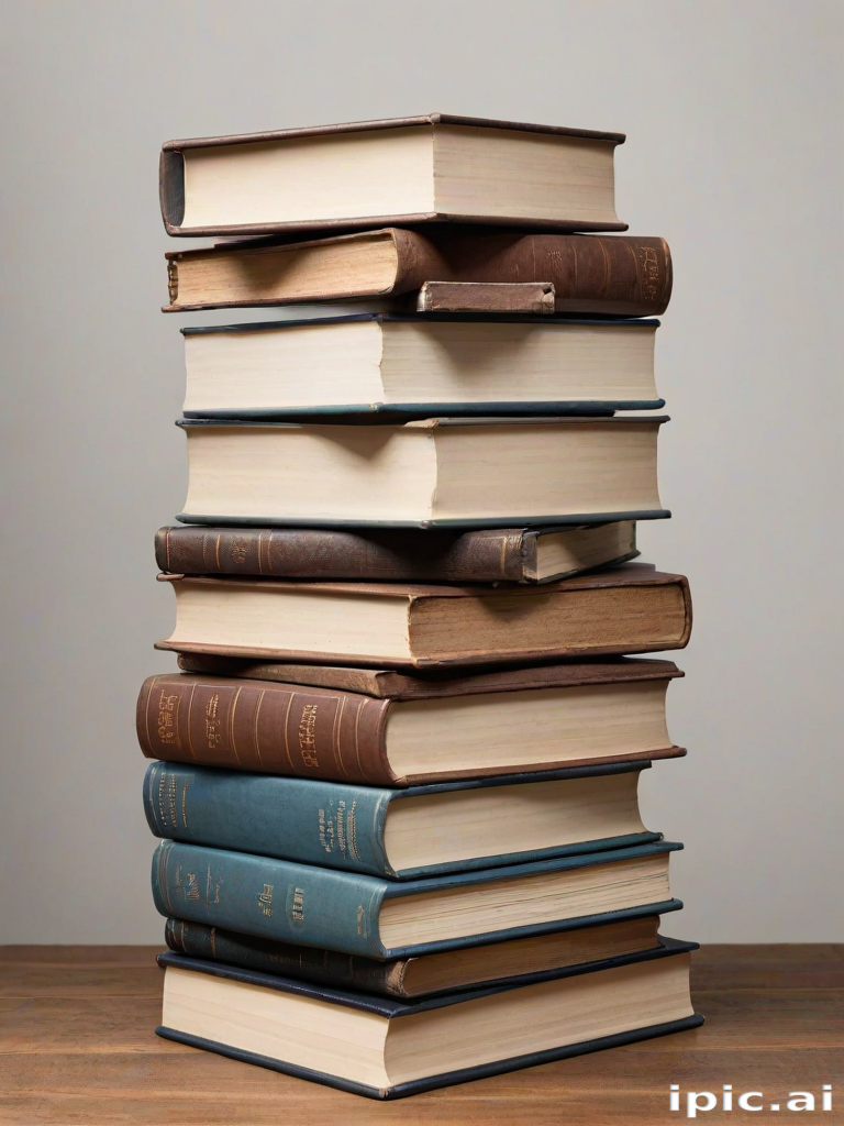 A Tall Stack of Vintage Books Displayed on a Wooden Table