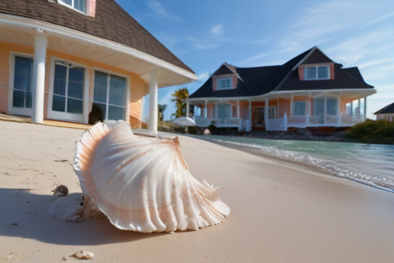A house constructed entirely of giant seashells, nestled on a pristine ...