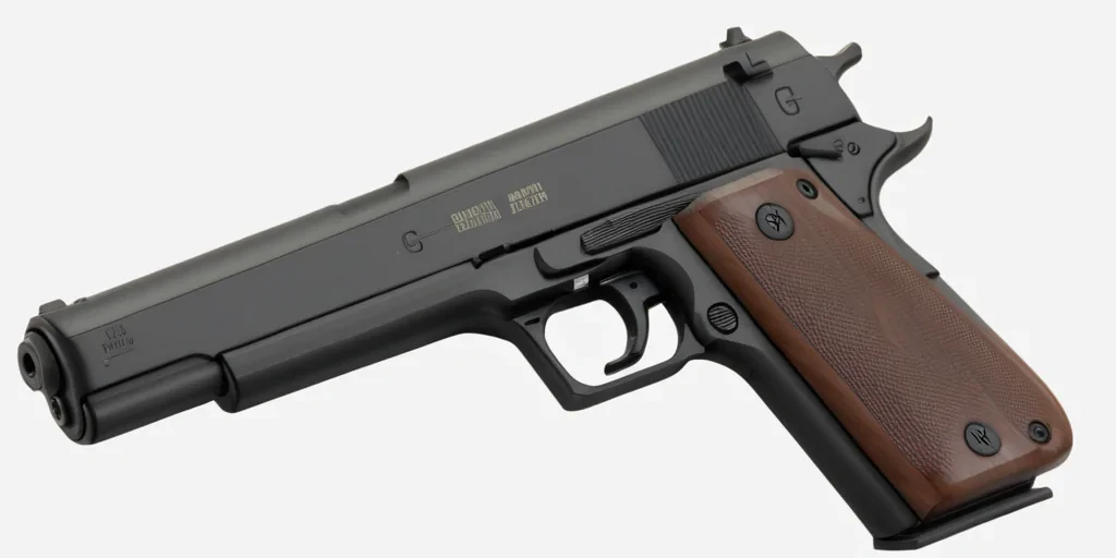 Detailed View of a Classic Semi-Automatic Handgun with Wooden Grip