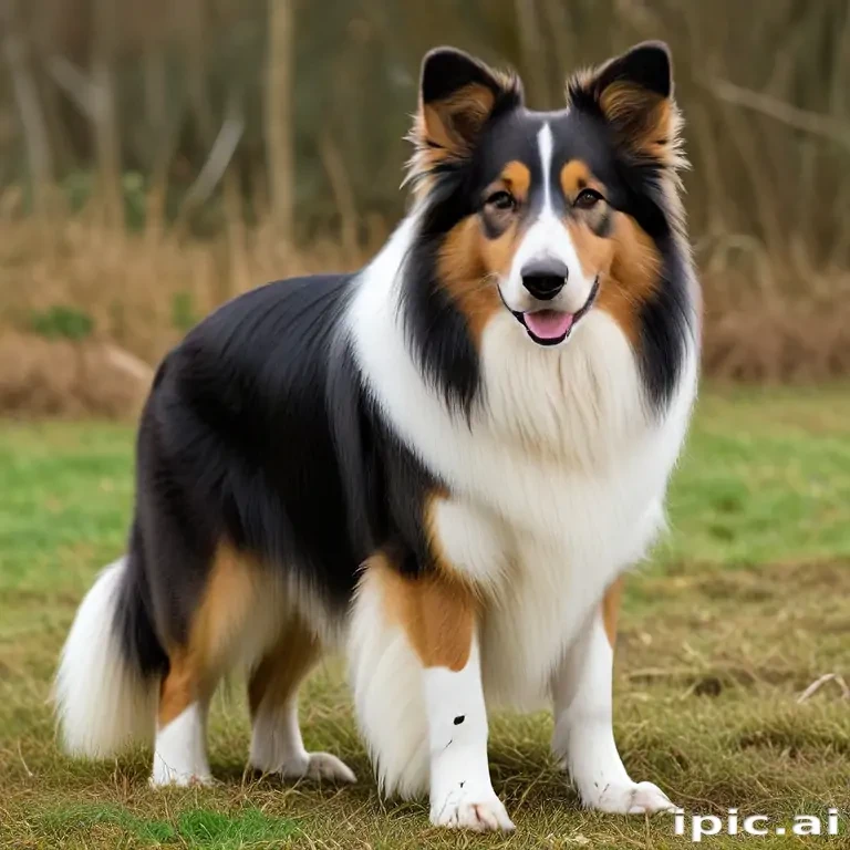 A Beautiful Tri-Color Collie Dog Standing Proudly in a Natural Setting.