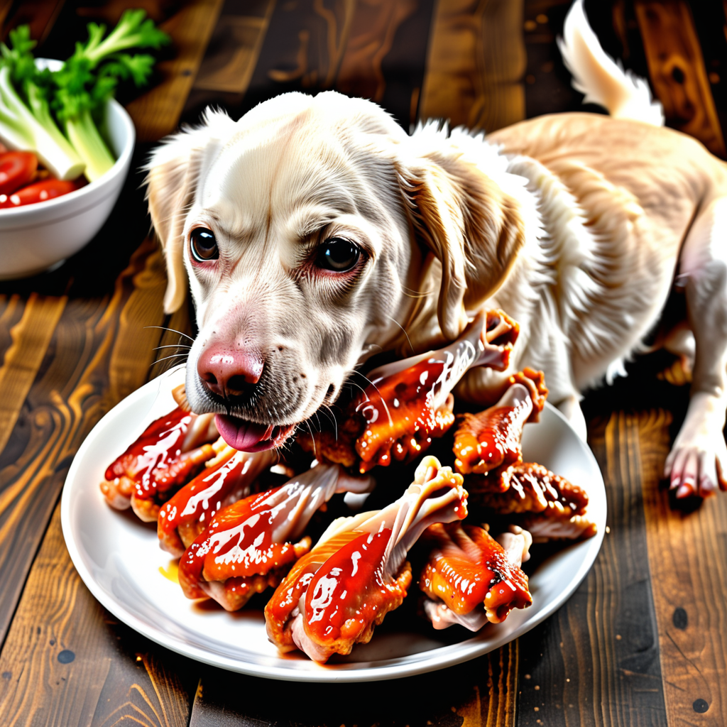 Cute Dog Enjoying a Feast of Delicious Chicken Wings on a Table