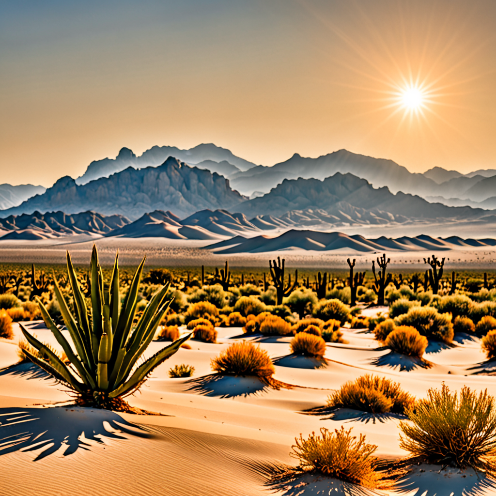 desert landscape with faded sun and mountains in background