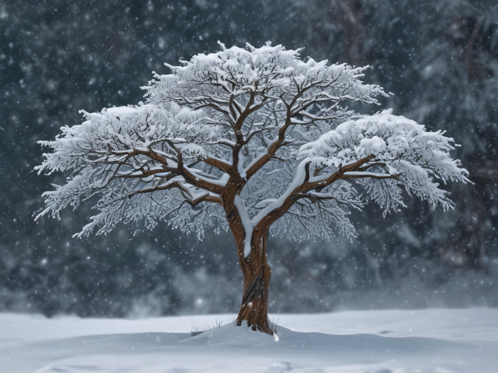 A Serene Winter Scene Featuring a Snow-Covered Tree in Nature.