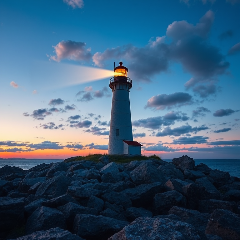 Illuminated Lighthouse Standing Tall Against a Beautiful Sunset Sky