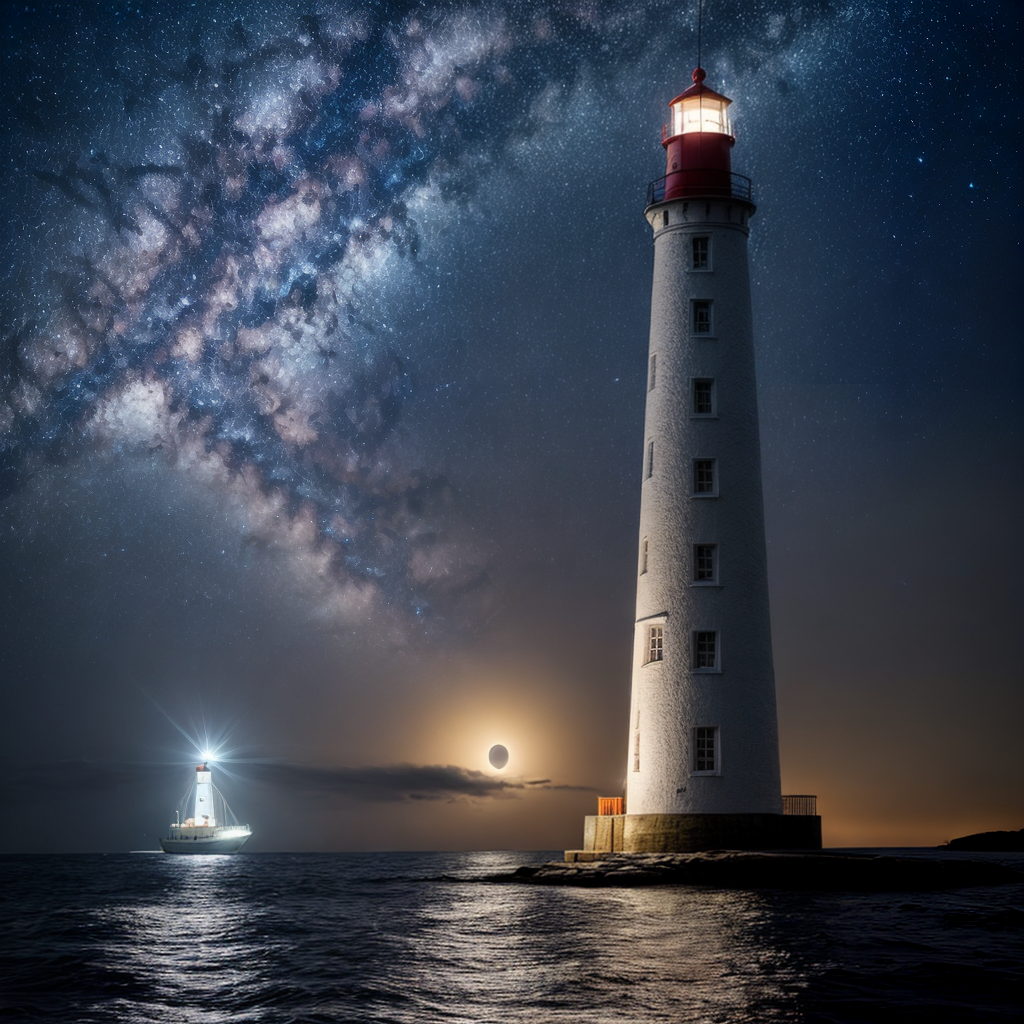 Lighthouse shining the sailing boat on a rainy and very dark night