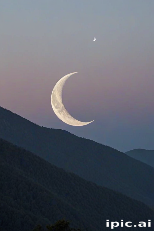 A Serene Evening Landscape Featuring a Large Crescent Moon Above Mountains