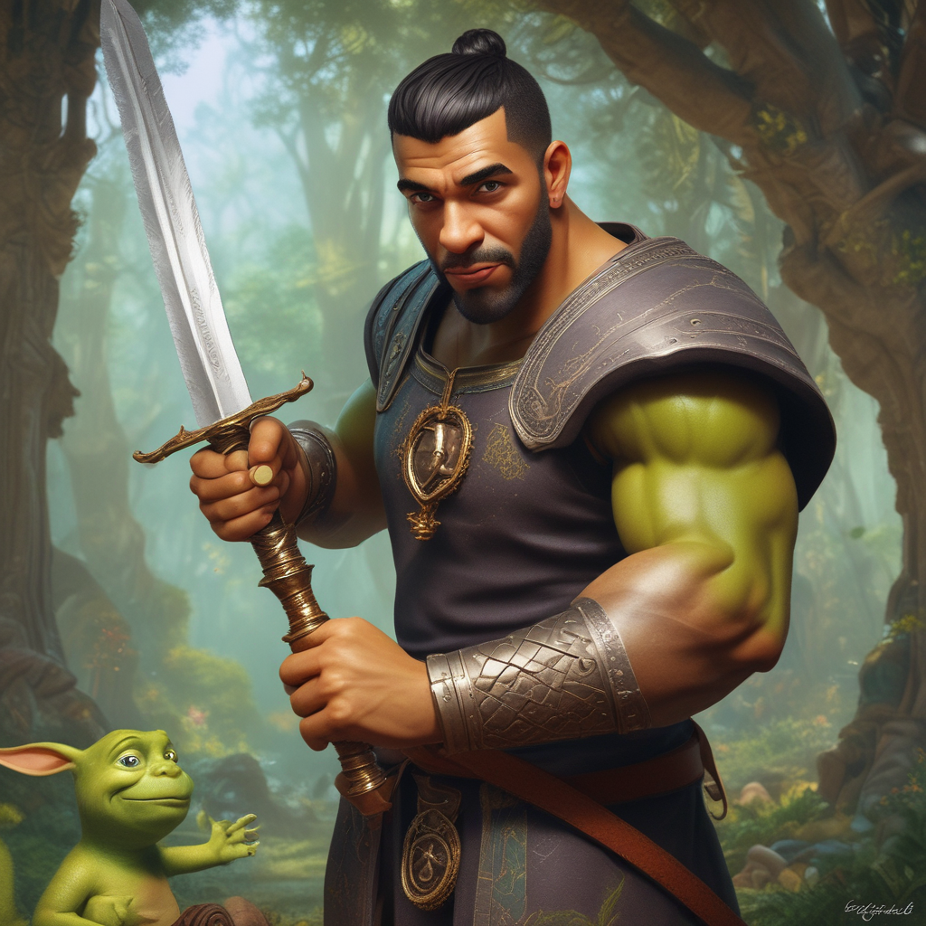 Drake with sword fighting Shrek