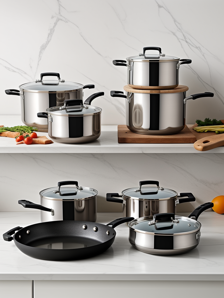 Modern Kitchen Cookware Set Displayed Elegantly on a Marble Countertop