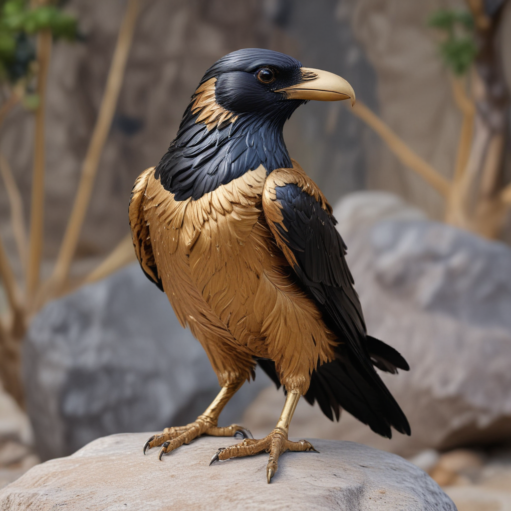 a realistic pure shiny golden metallic raven statue standing on a rock ...