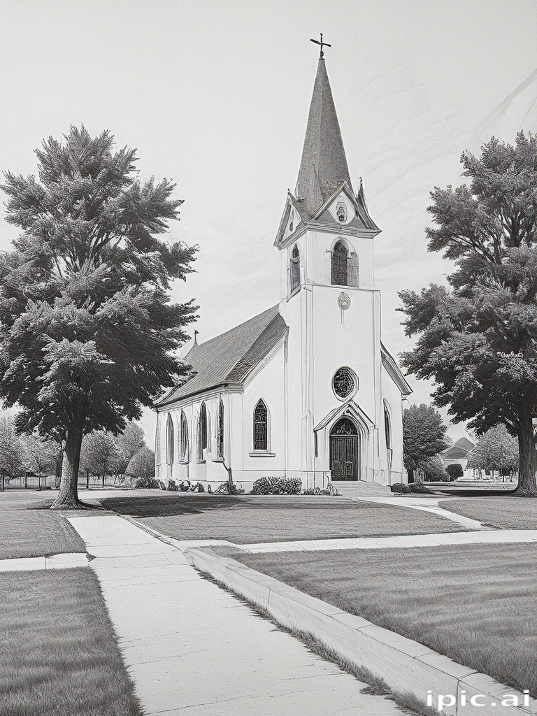 Charming Historic Church Surrounded by Lush Green Trees and Pathways