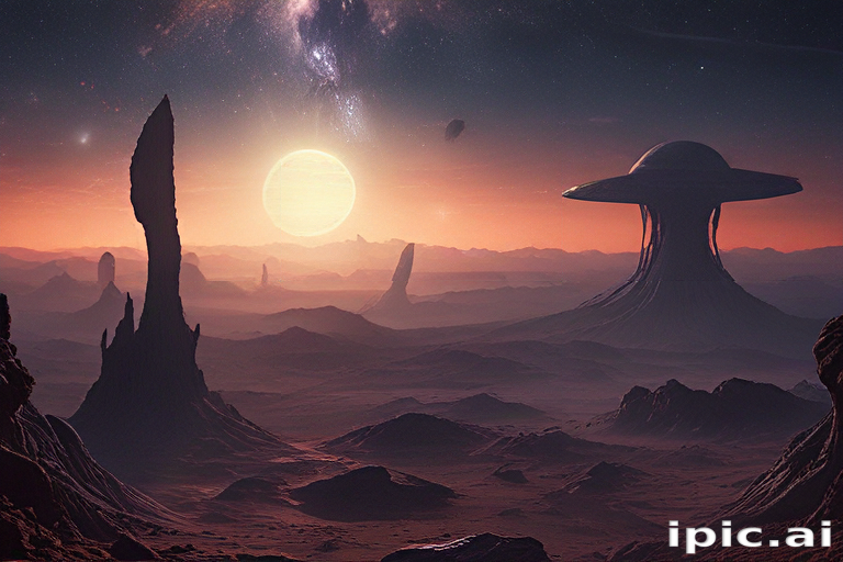 An Otherworldly Landscape with Alien Structures Under a Cosmic Sky at Dusk