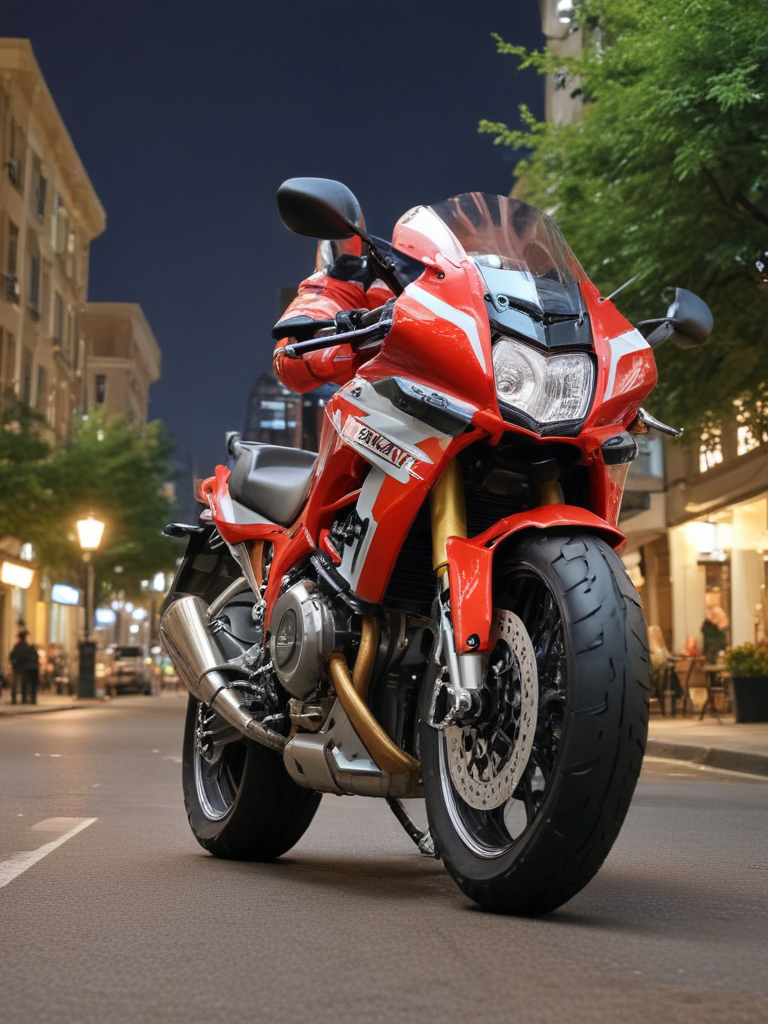 Vibrant Red Motorcycle Parked on City Street at Nighttime