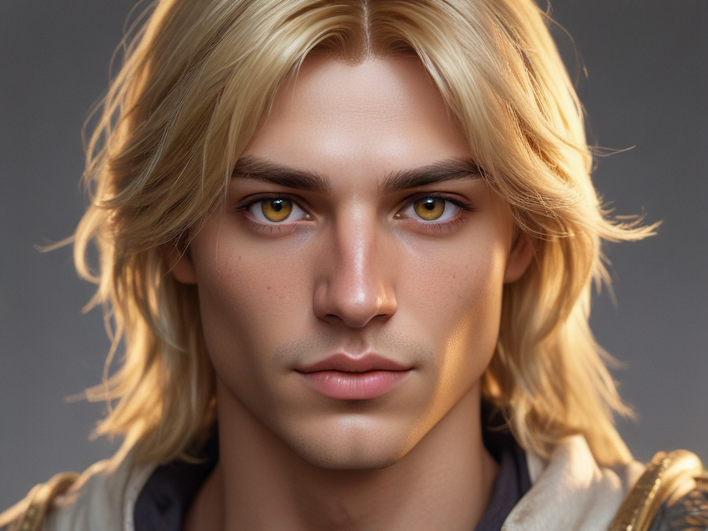 Male Aasimar portrait, shoulder length golden blond hair, luminous ...