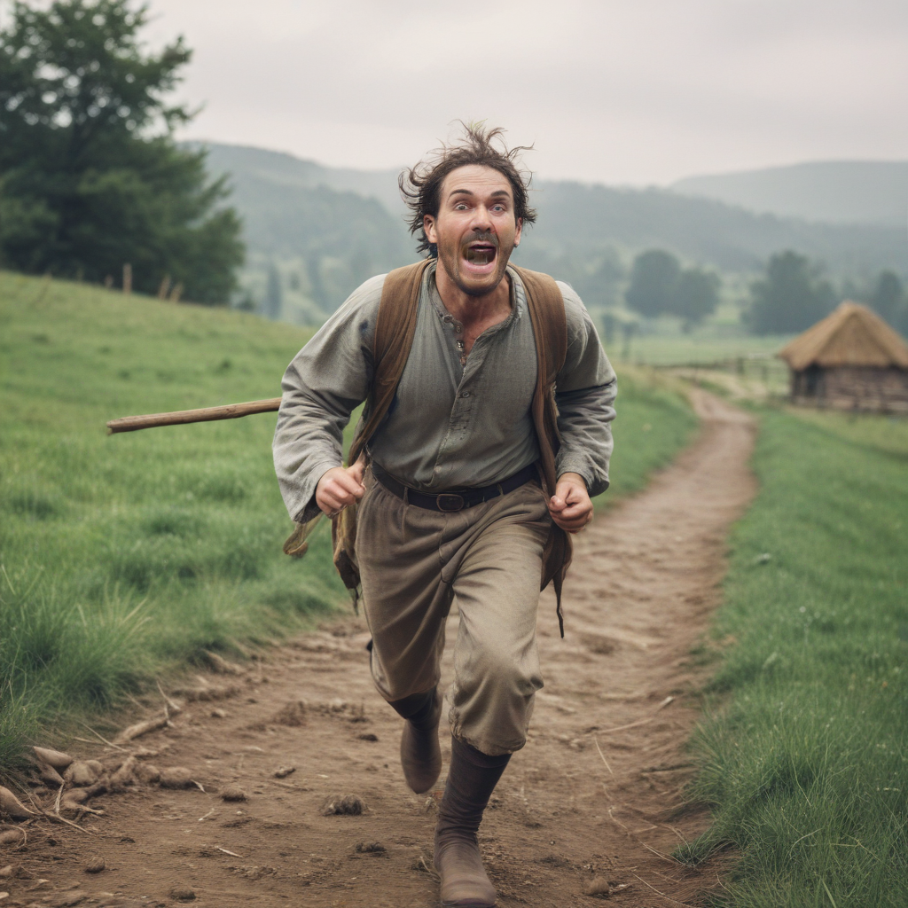 a silly looking peasant running past people with a confused frown on ...