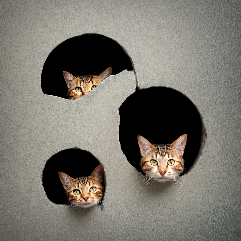 a scared cat peeking out of a hole in the wall