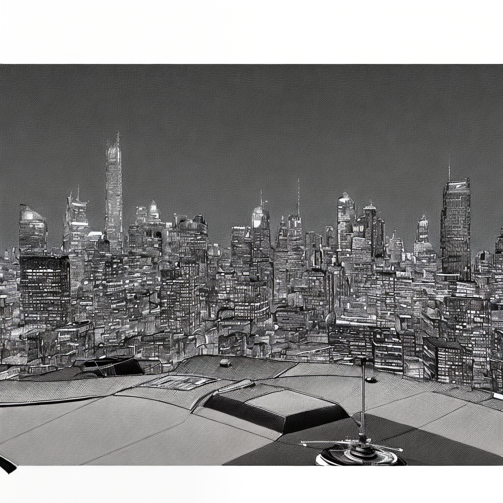 HELIPAD ON ROOFTOP. CLOSE-UP. COMIC BOOK. SKETCH STYLE. BLACK AND WHITE.