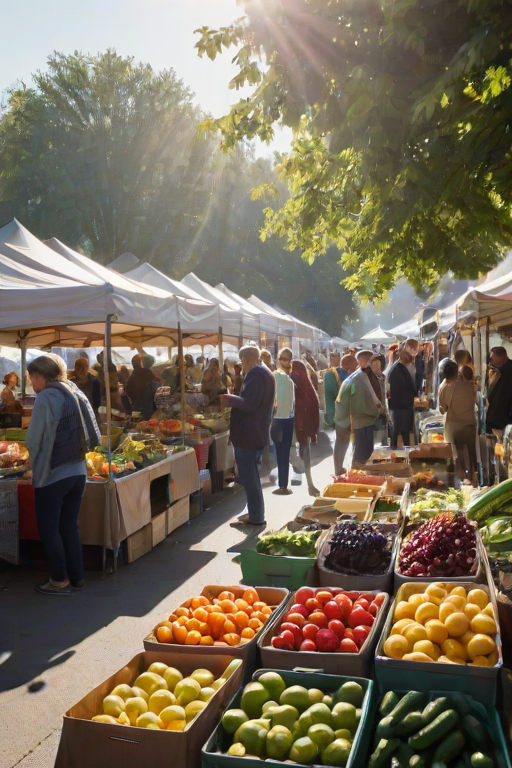 Busy Farmers Market on a Sunny Day with Fresh Produce Stalls