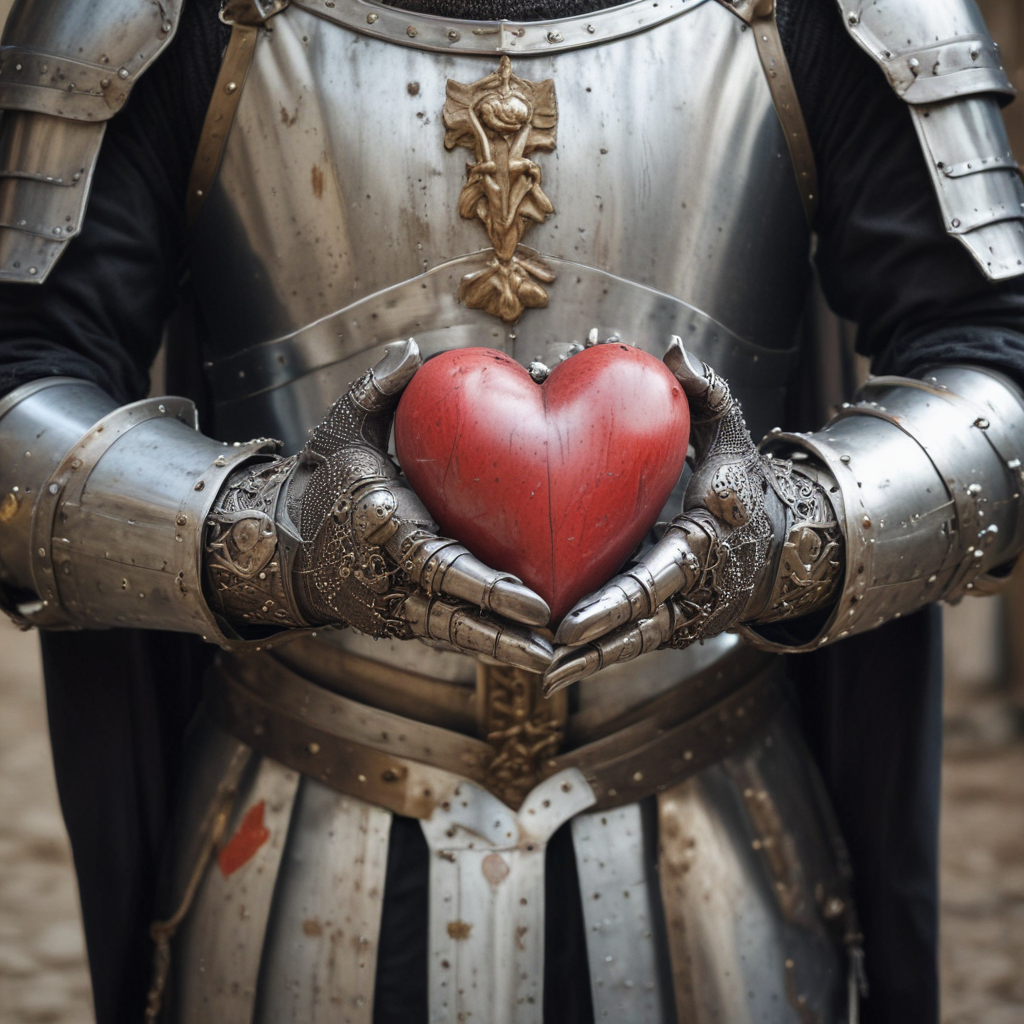 a hand in medieval armor clutching a heart