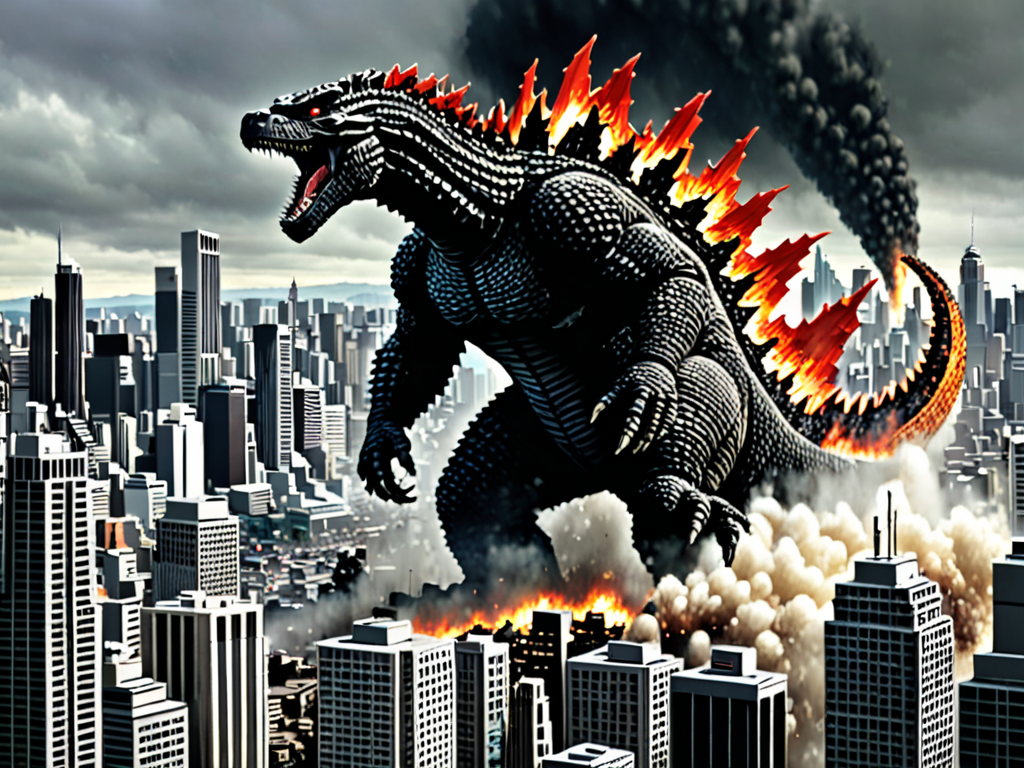 Godzilla destroying the pixelated city