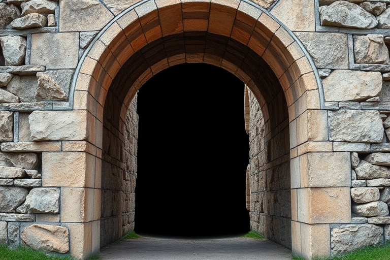 Capture a high-resolution image of an old stone archway with a deep black void beyond, utilizing ...