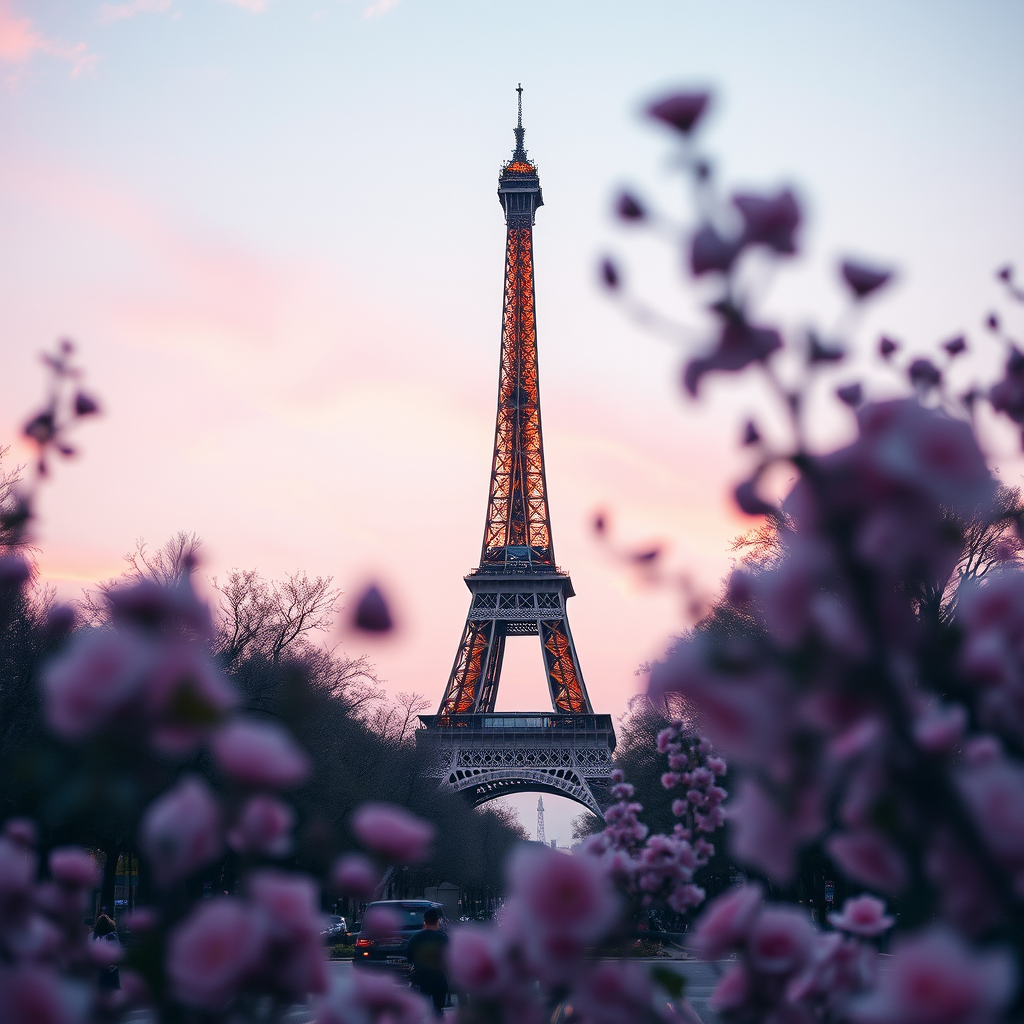 Eiffel Tower Surrounded by Beautiful Blossoming Flowers at Sunset in Paris
