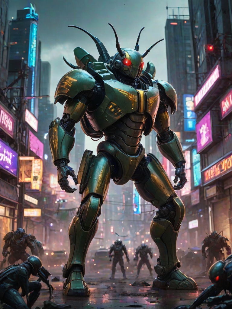 Futuristic Cityscape with a Giant Mech and Small Robots in Action