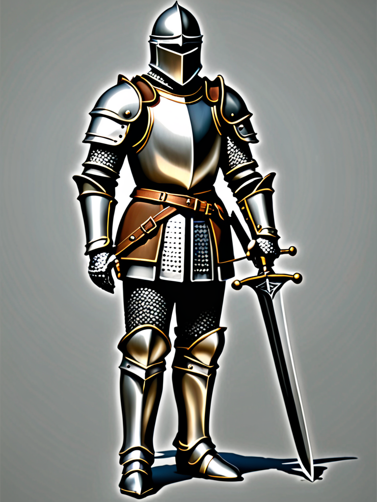 knight in silver armor and a bronze longsword hum