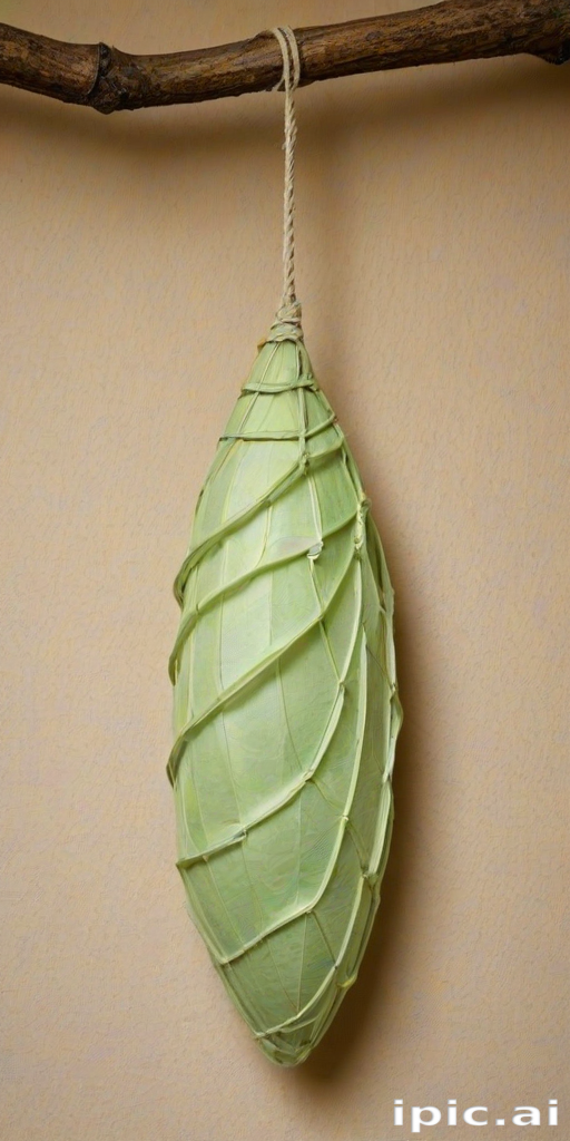 Intricately Woven Green Cocoon Hanging from a Natural Wooden Branch