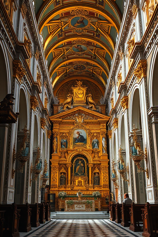interior view of a beautifully ornate baroque church altar with ...