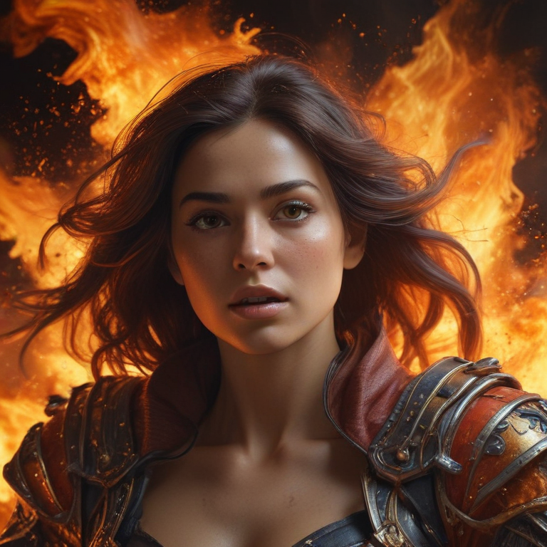Fierce Warrior Woman Surrounded by Flames in a Dramatic Fantasy Setting