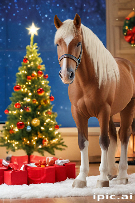 A Majestic Horse Celebrating Christmas Beside a Beautifully Decorated Tree.