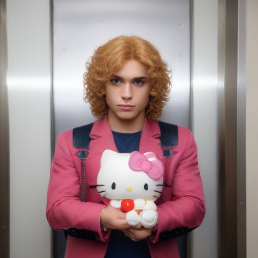 Dio from JoJo's bizzare adventures holding hello kitty in an elevator