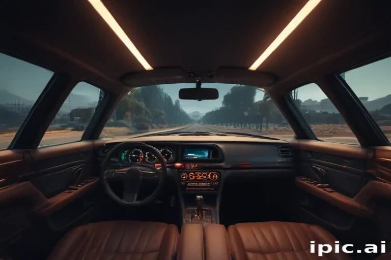 Interior View of a Classic Car with Scenic Road Ahead