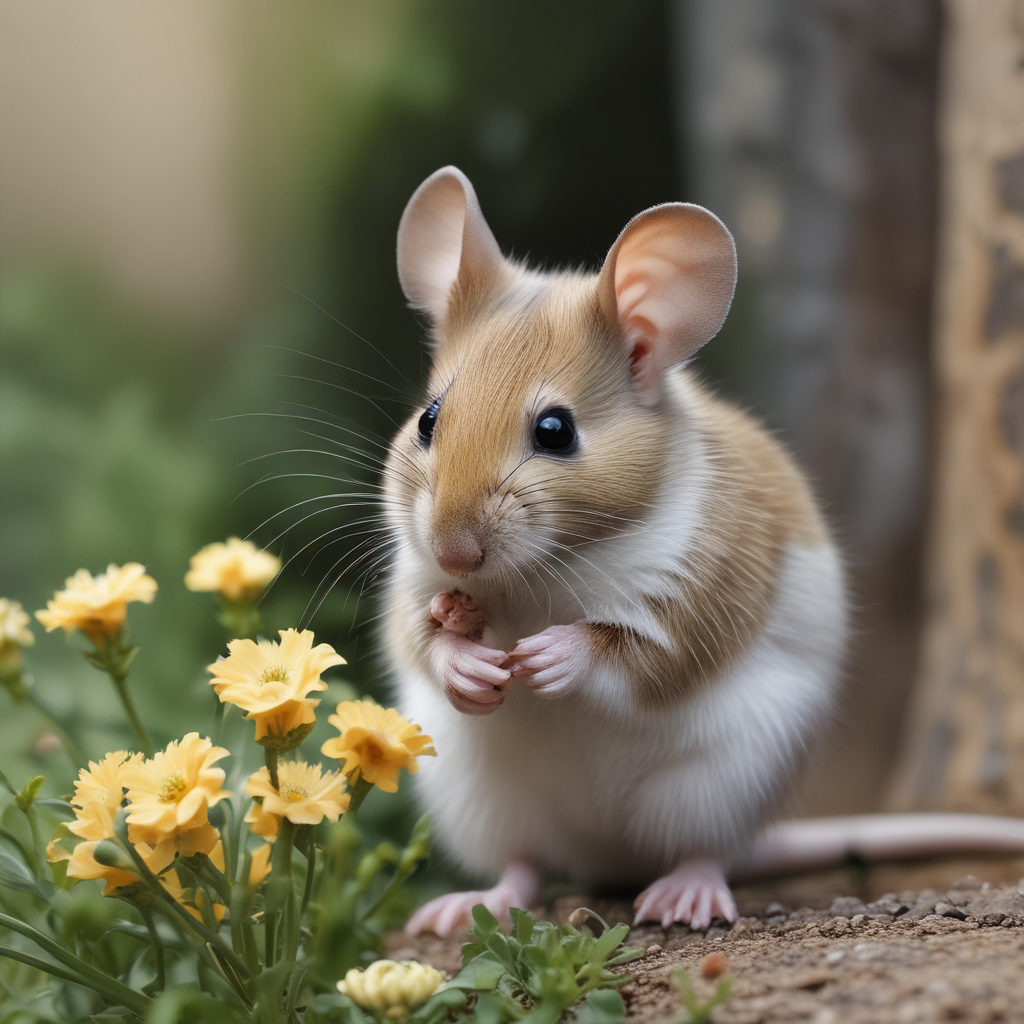 adorable mouse standing facing left to smell a overhanging flower
