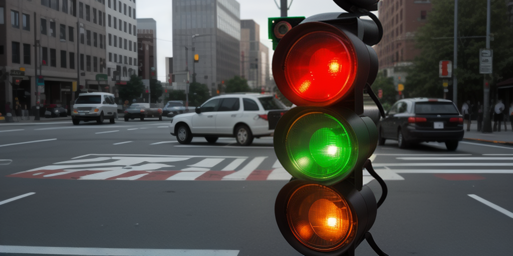 Traffic Light Displaying Red and Green Signals in Busy City Intersection
