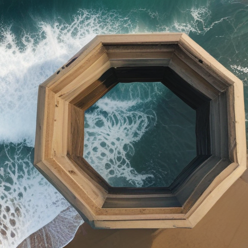 a hexagonal portal with its all sides on the ground with wavey sea ...