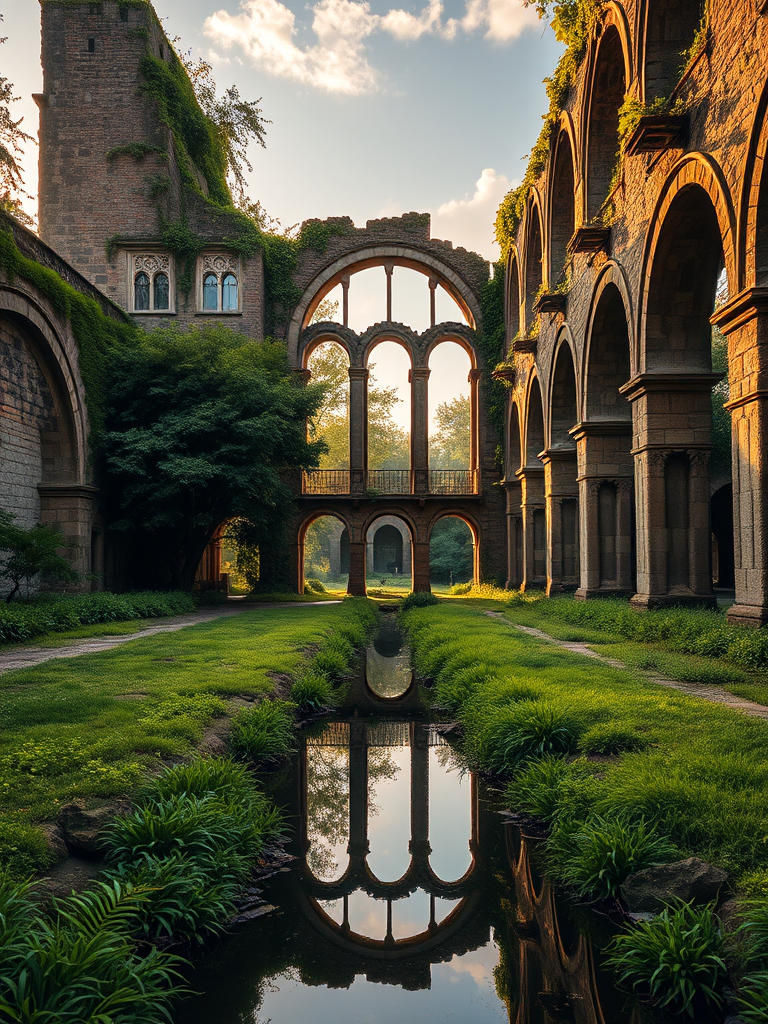 Create a serene and mystical ancient ruin landscape with towering ...