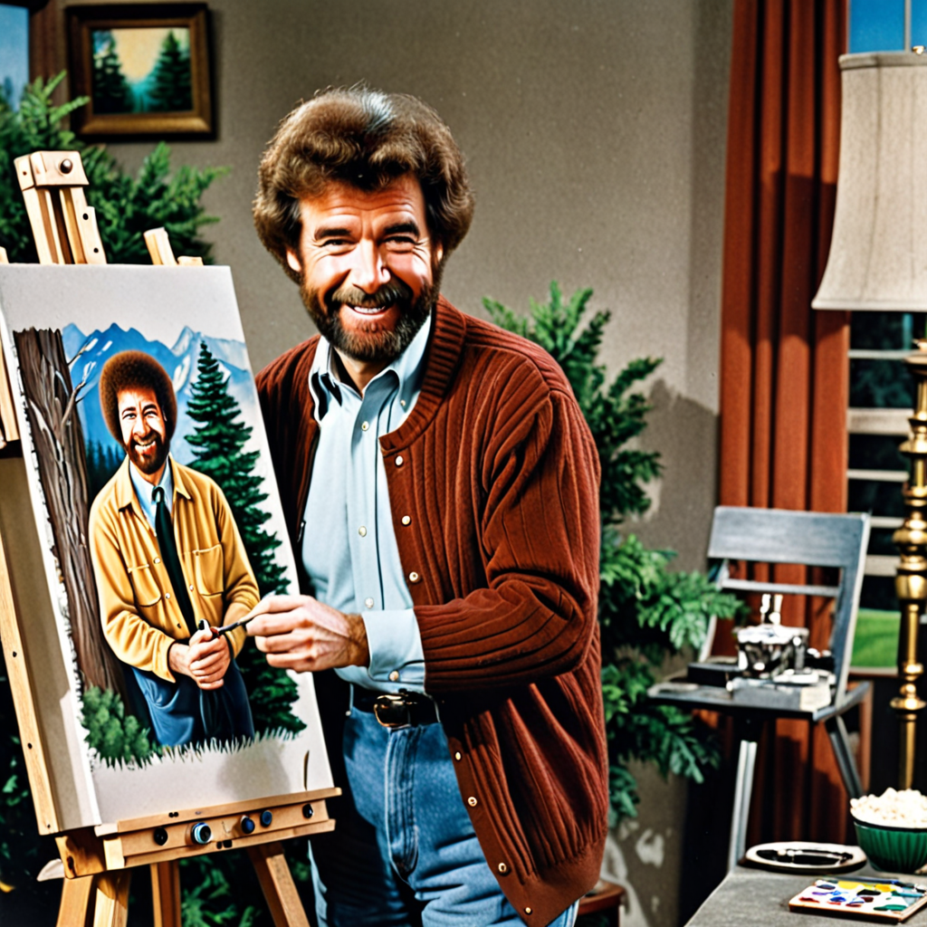 Bob Ross painting a picture of Fred Rogers