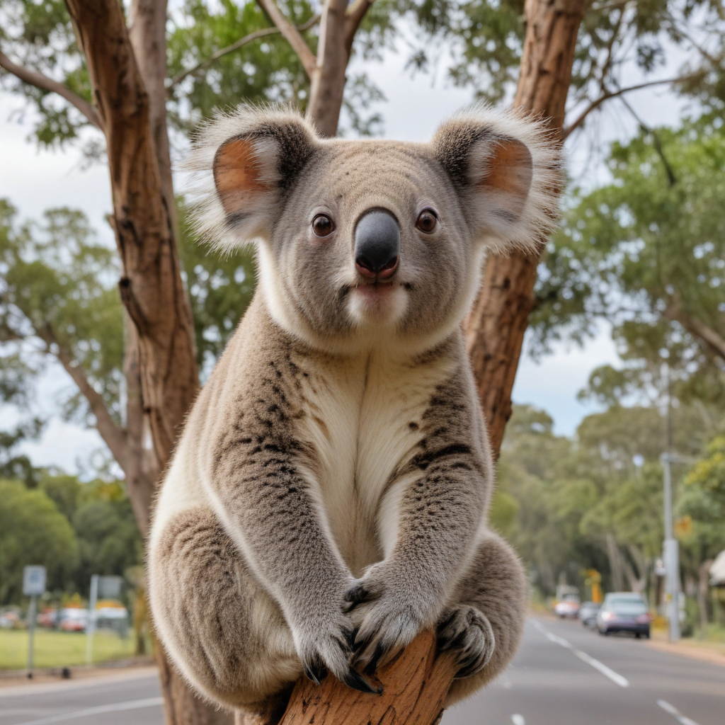 a koala in a tree on the side of a busy road