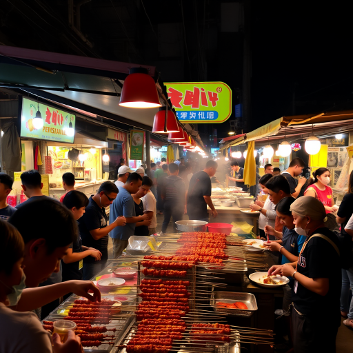Vibrant Night Market Scene Filled with Delicious Street Food and Customers