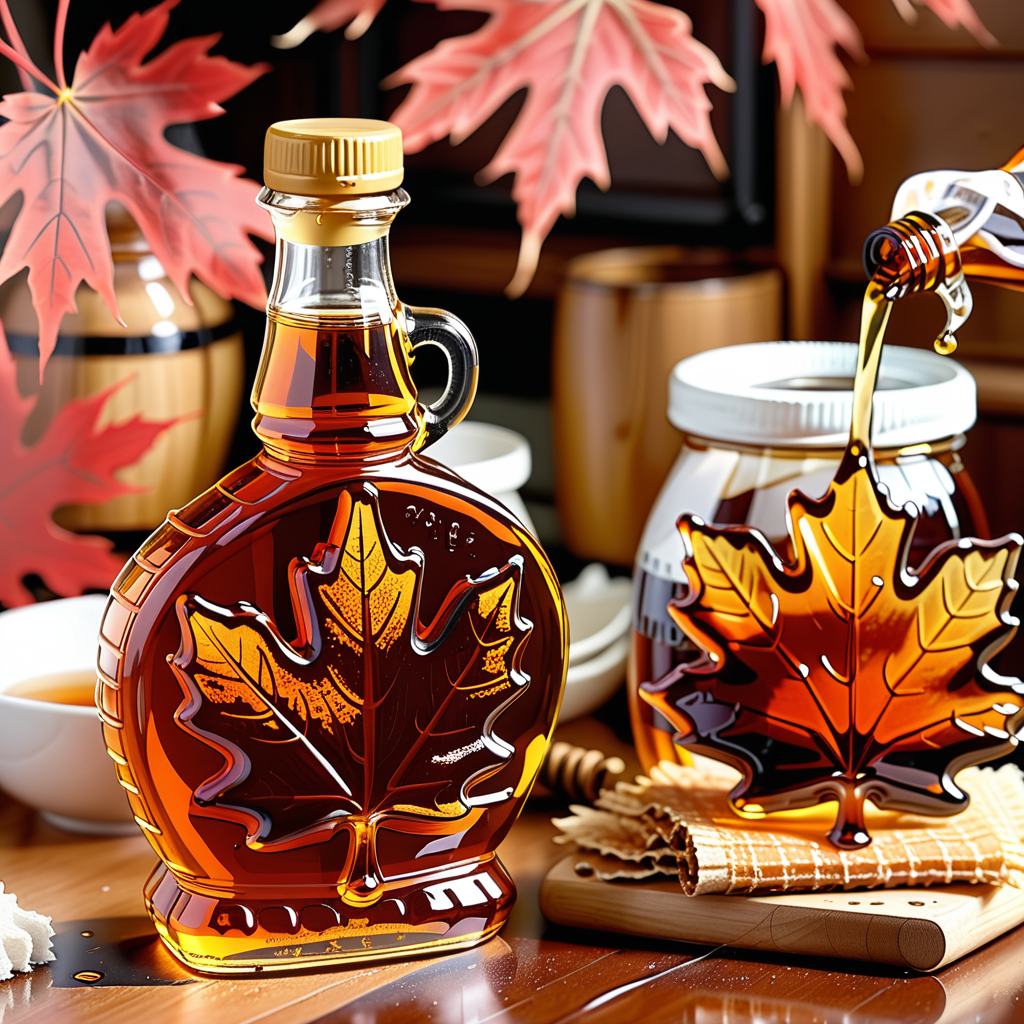 Autumn's Sweet Delight: Maple Syrup Bottles Surrounded by Vibrant Leaves