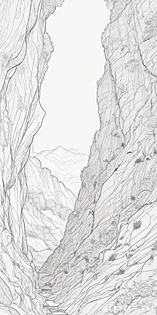Intricate Line Art Depicting a Serene Canyon Surrounded by Majestic ...