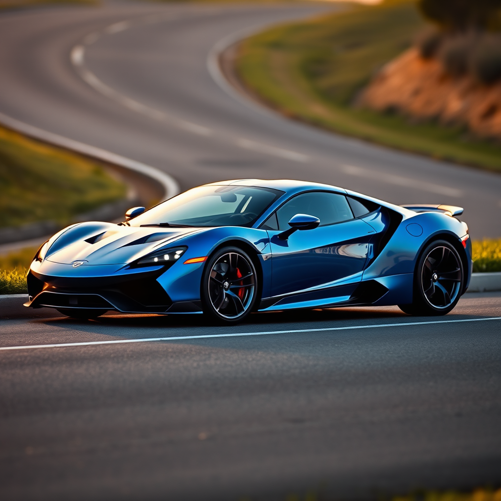 A Stunning Blue Sports Car Captured on a Winding Scenic Road