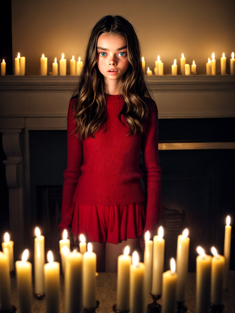 Meika woollard with big eyes in a dark room lit by candles