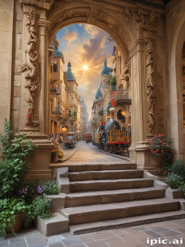 Charming Historic Street Scene with Vintage Train and Beautiful ...