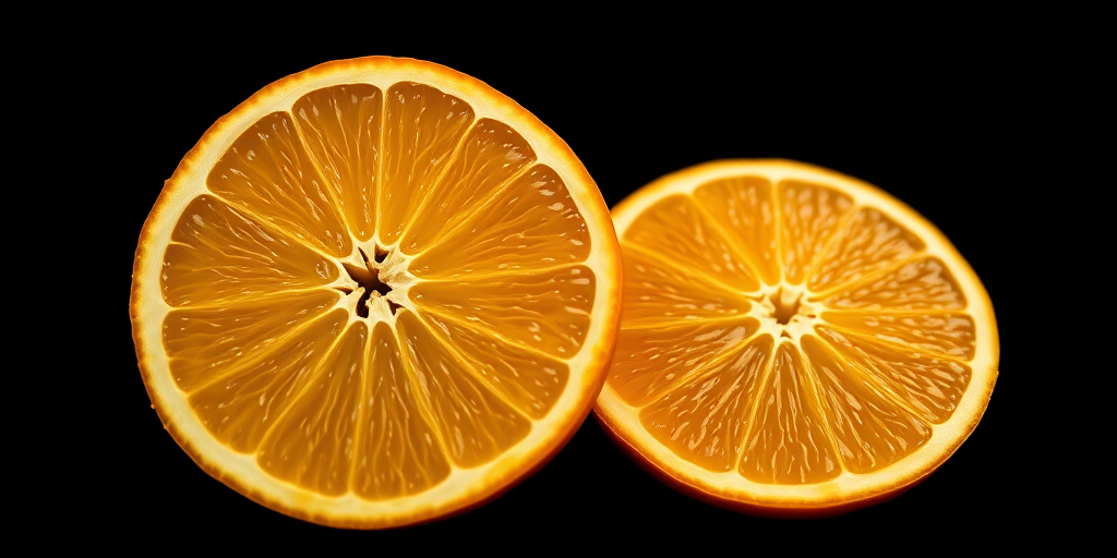 Create a hyper-realistic image of a sliced orange on a black background ...