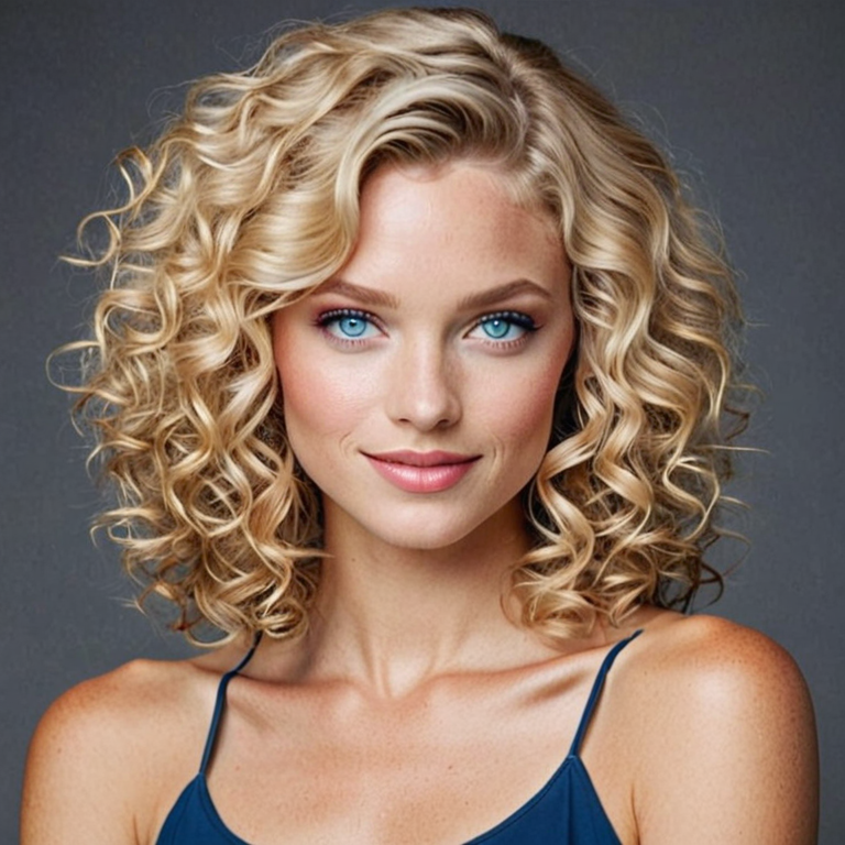 curly blonde hair, mid length. pale blue eyes, wide face with dimples
