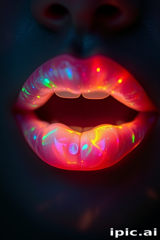 Vibrant Neon Lips Glowing with Colorful Reflections in Dark Background